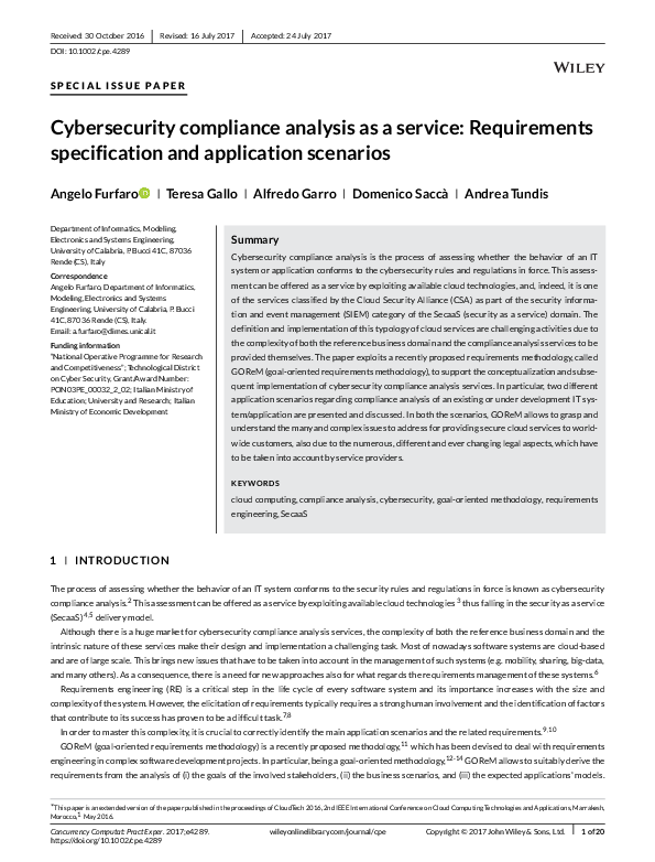 (PDF) Cybersecurity compliance analysis as a service: Requirements ...