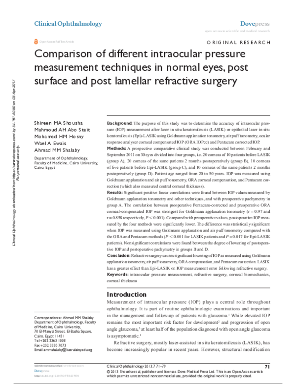 (PDF) Comparison of different intraocular pressure measurement ...