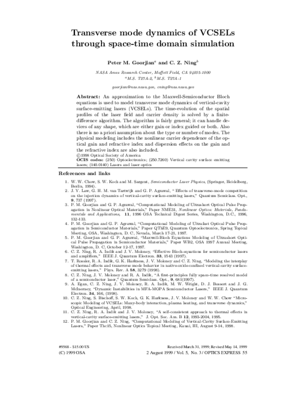 Pdf Transverse Mode Dynamics Of Vcsels Through Space Time Domain Simulation C Z Ning