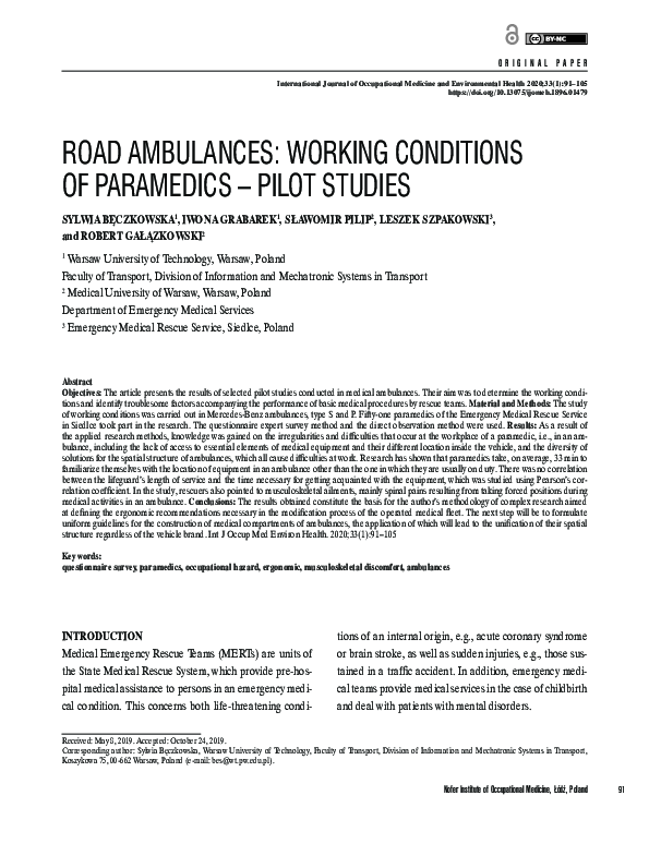 (PDF) Road ambulances: working conditions of paramedics – pilot studies