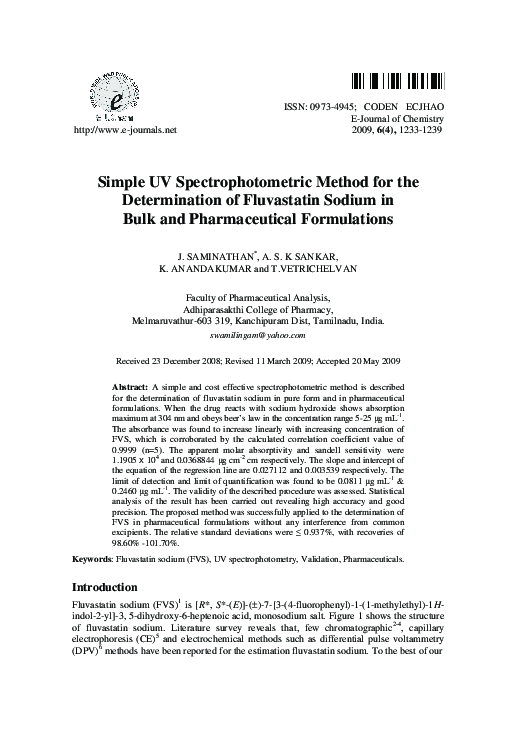 Pdf Simple Uv Spectrophotometric Method For The Determination Of Fluvastatin Sodium In Bulk