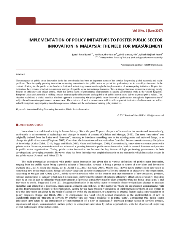 (PDF) Implementation of policy initiatives to foster public sector innovation in Malaysia: the ...