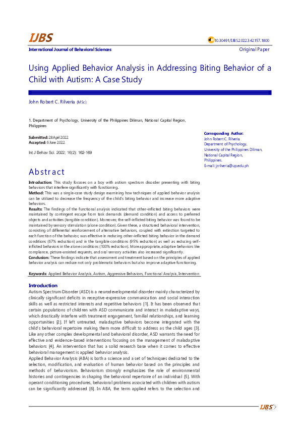 (PDF) Using applied behavior analysis in addressing biting behavior of a child with autism: A ...