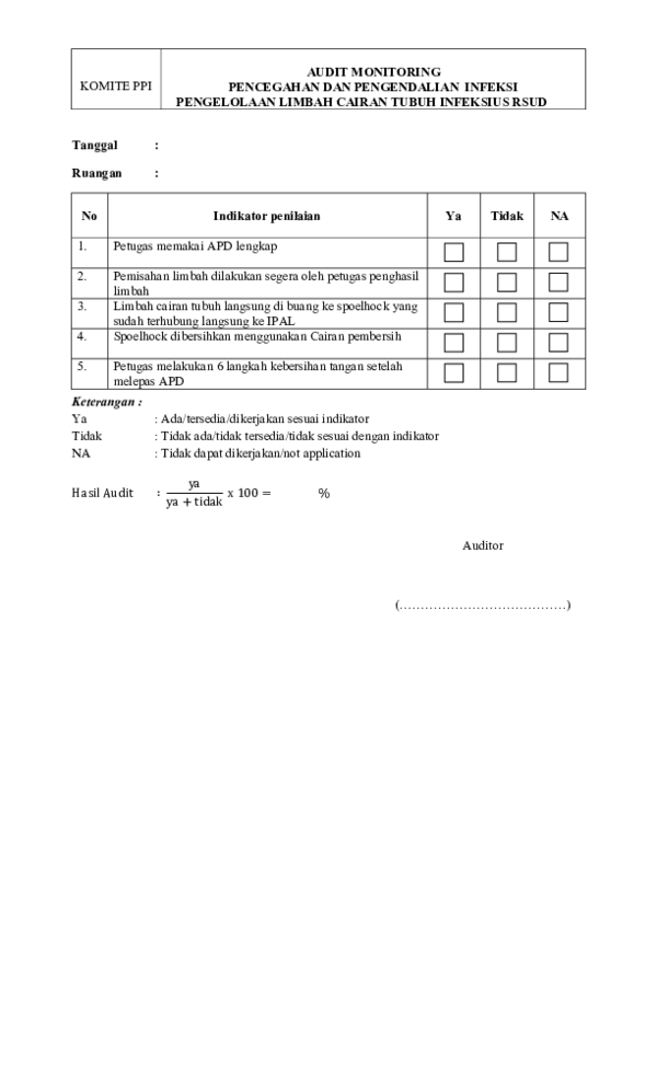 (PDF) AUDIT MONITORING PENCEGAHAN DAN PENGENDALIAN INFEKSI PENGELOLAAN LIMBAH CAIRAN TUBUH ...