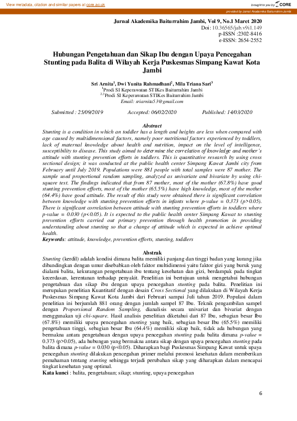 (PDF) Hubungan Pengetahuan dan Sikap Ibu dengan Upaya Pencegahan Stunting pada Balita di Wilayah ...