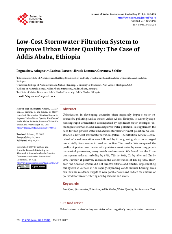 (PDF) Low-Cost Stormwater Filtration System to Improve Urban Water ...