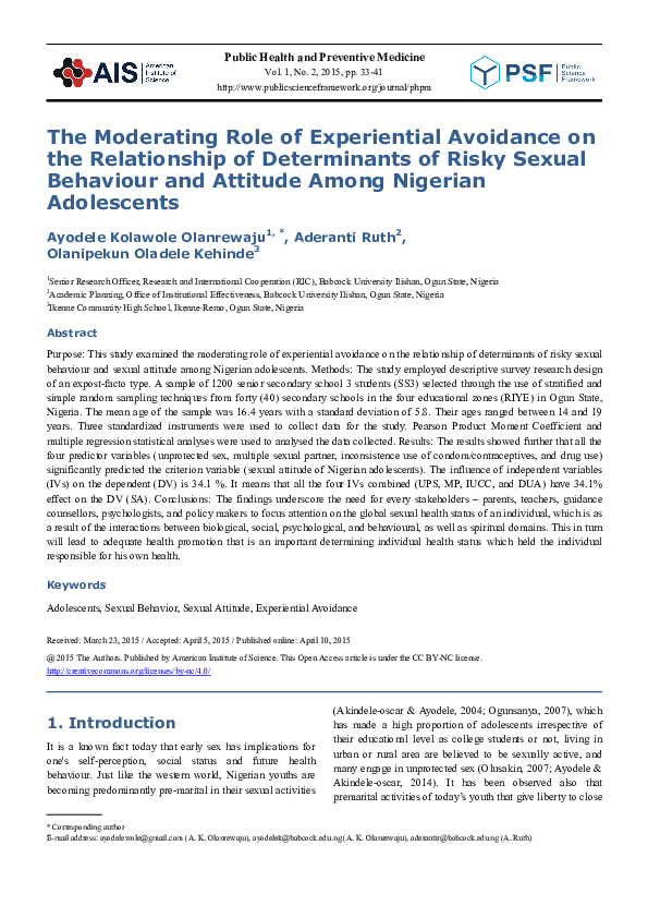 (PDF) The Moderating Role of Experiential Avoidance on the Relationship of Determinants of Risky ...