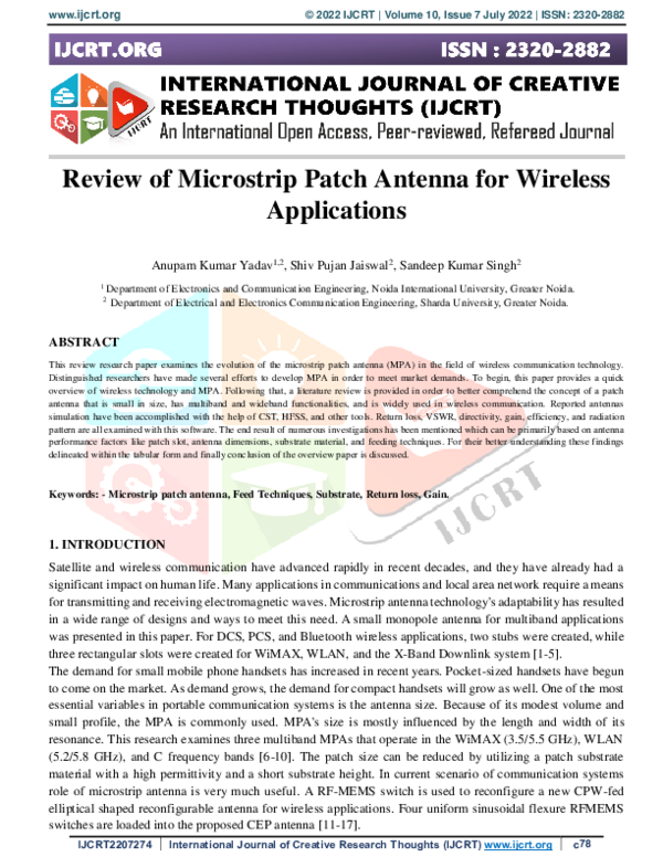(PDF) Review of Microstrip Patch Antenna for Wireless Applications