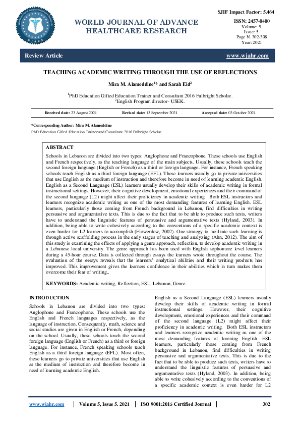 (PDF) TEACHING ACADEMIC WRITING THROUGH THE USE OF REFLECTIONS