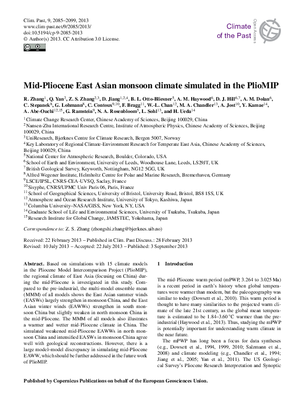 (PDF) Mid-Pliocene East Asian monsoon climate simulated in the PlioMIP