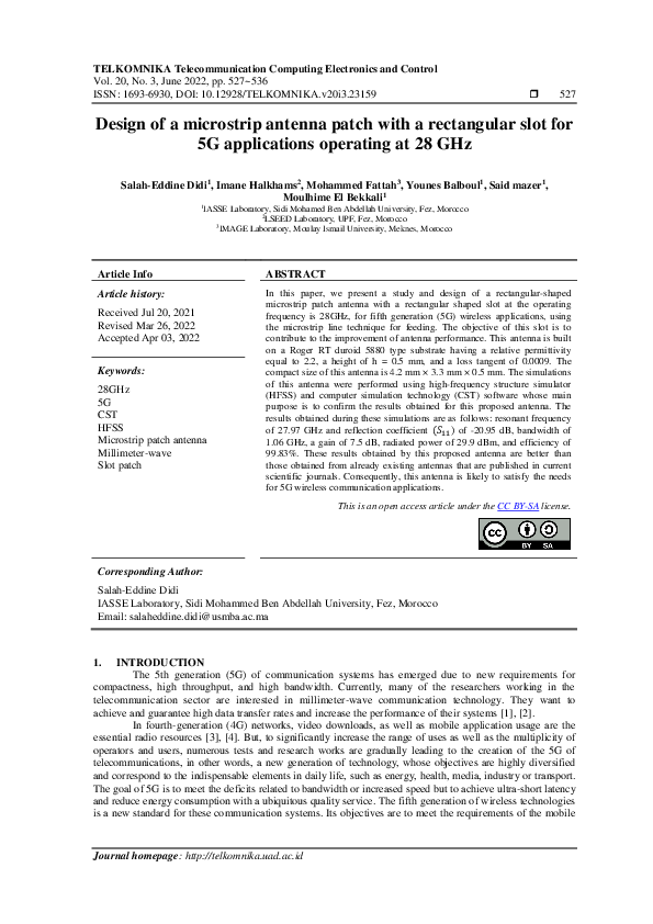 (PDF) Design of a microstrip antenna patch with a rectangular slot for ...