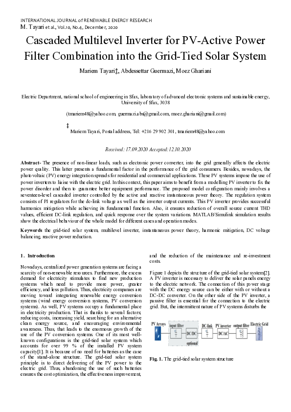 (PDF) Cascaded Multilevel Inverter for PV-Active Power Filter Combination into the Grid-Tied ...