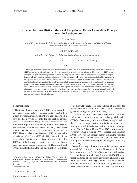 (PDF) Evidence for Two Distinct Modes of Large-Scale Ocean Circulation Changes over the Last Century