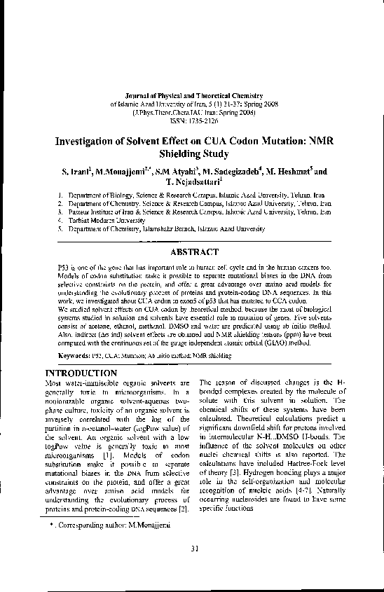 (PDF) Investigation of Solvent Effect on CUA Codon Mutation: NMR ...