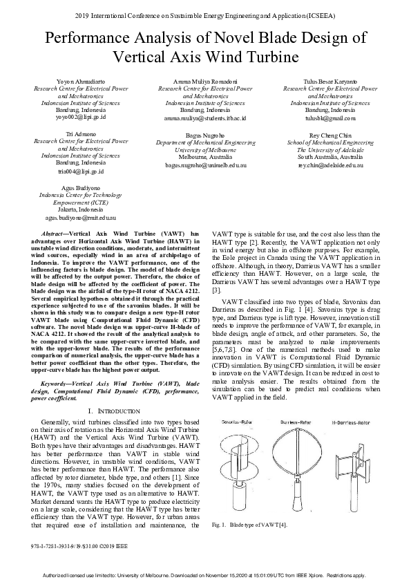 Pdf Performance Analysis Of Novel Blade Design Of Vertical Axis Wind Turbine Tri Admono