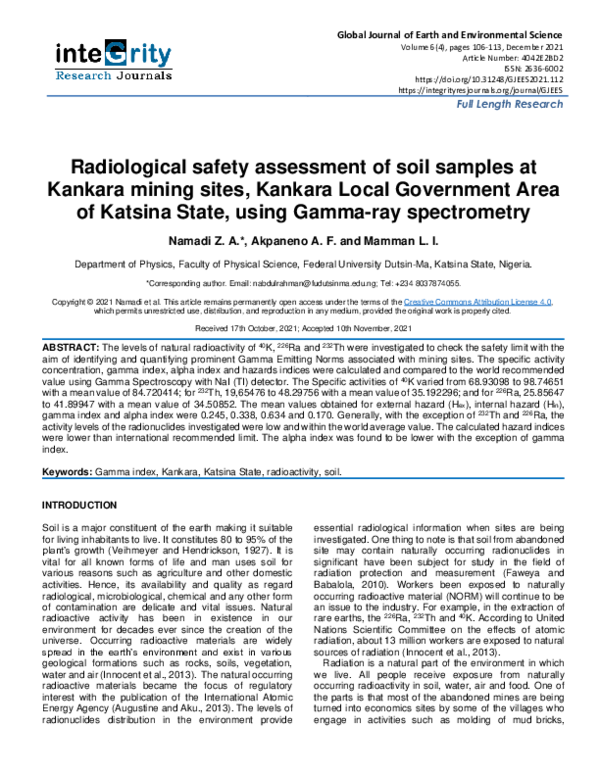 (PDF) Radiological safety assessment of soil samples at Kankara mining ...