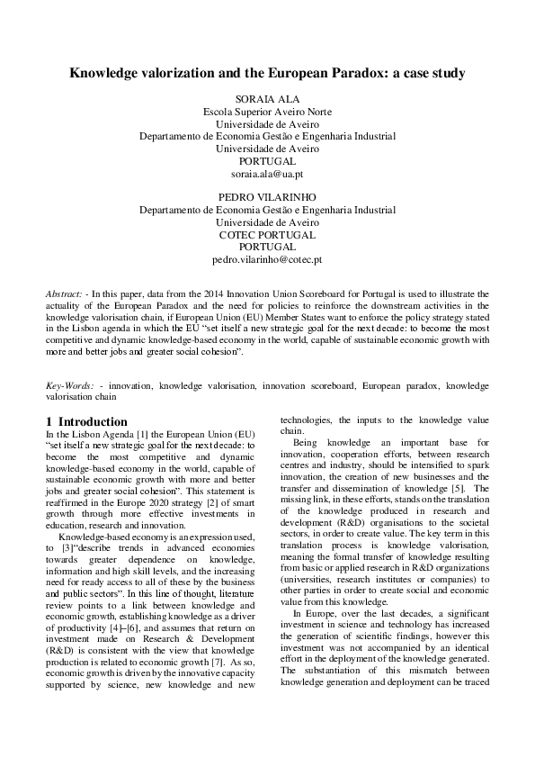(PDF) Knowledge valorization and the European Paradox: a case study