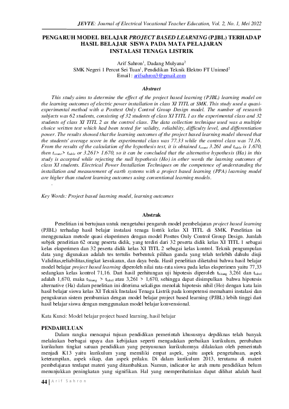 (PDF) Pengaruh Model Belajar Project Based Learning (PJBL) Terhadap Hasil Belajar Siswa Pada ...