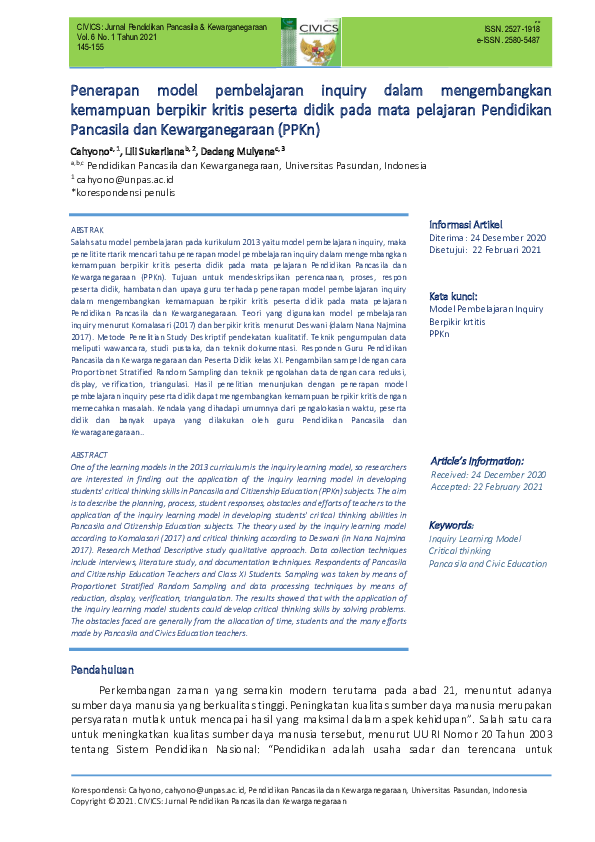 (PDF) PENERAPAN MODEL PEMBELAJARAN INQUIRY DALAM MENGEMBANGKAN KEMAMPUAN BERPIKIR KRITIS PESERTA ...