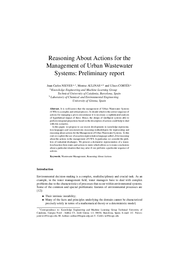 (PDF) Reasoning about actions for the management of urban wastewater systems: Preliminary report