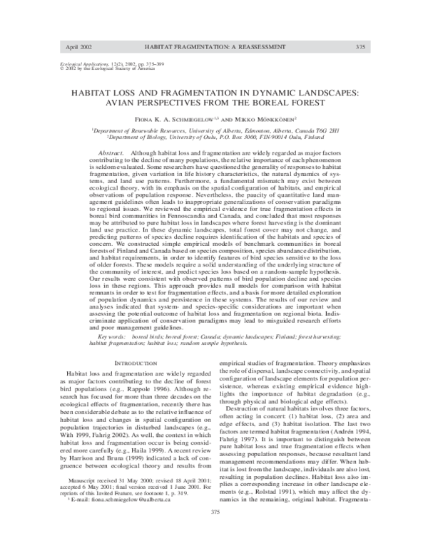 (PDF) Habitat Loss and Fragmentation in Dynamic Landscapes: Avian ...