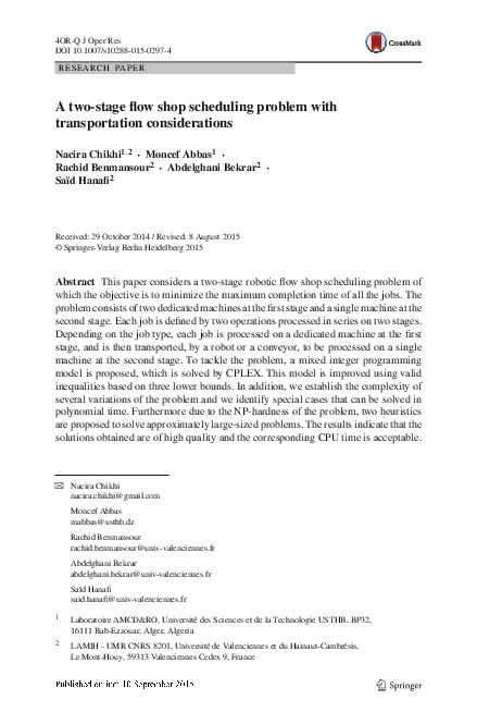 (PDF) A two-stage flow shop scheduling problem with transportation considerations