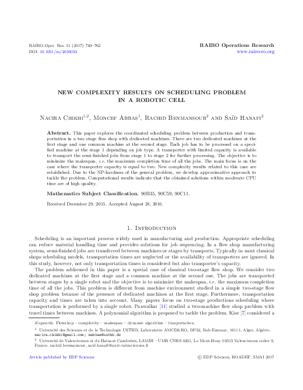 (PDF) New complexity results on scheduling problem in a robotic cell