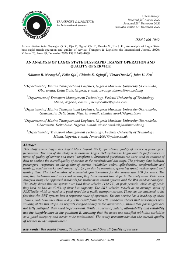 (PDF) An Analysis of Lagos State Bus Rapid Transit Operation and Quality of Service