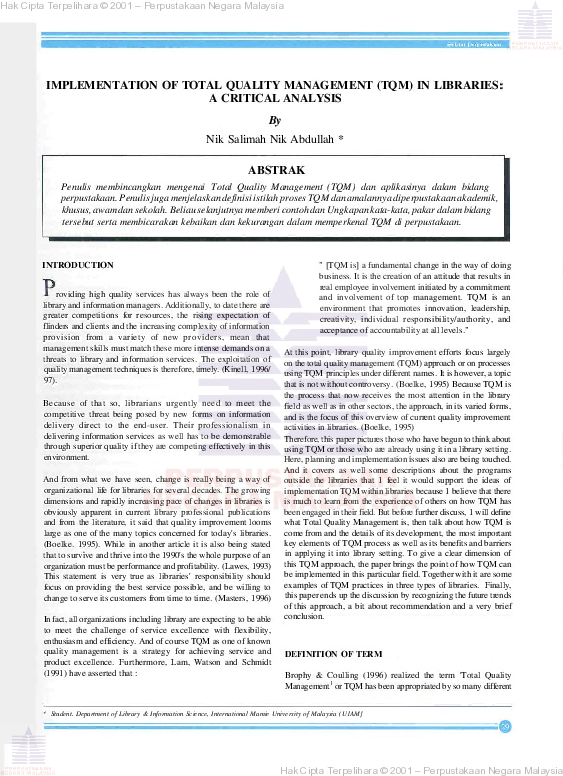 (PDF) IMPLEMENTATION OF TOTAL QUALITY MANAGEMENT (TQM) IN LIBRARIES: A ...