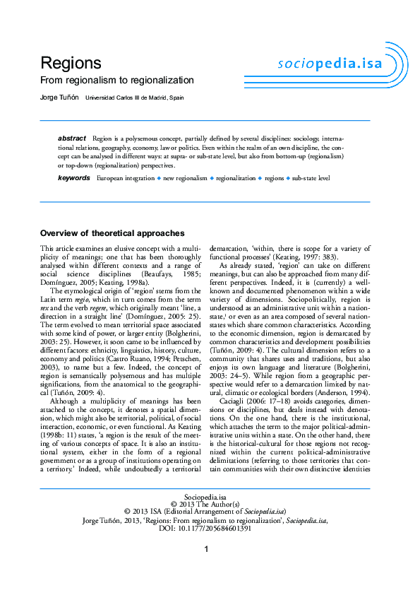 (PDF) Regions: From regionalism to regionalization