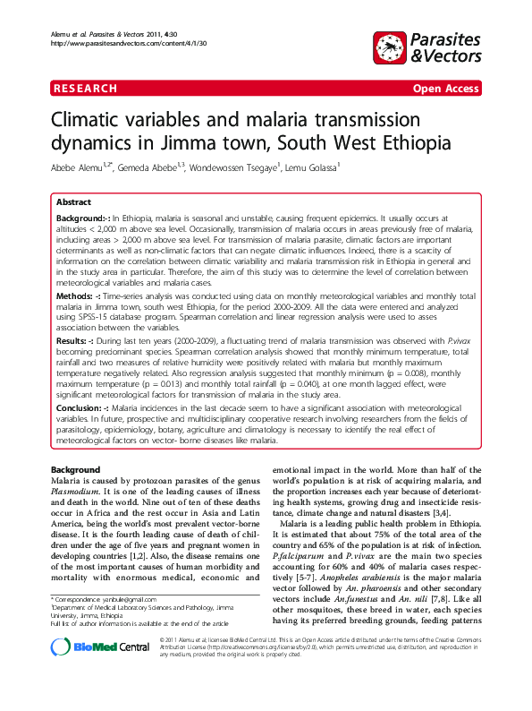 (PDF) Climatic variables and malaria transmission dynamics in Jimma town, South West Ethiopia