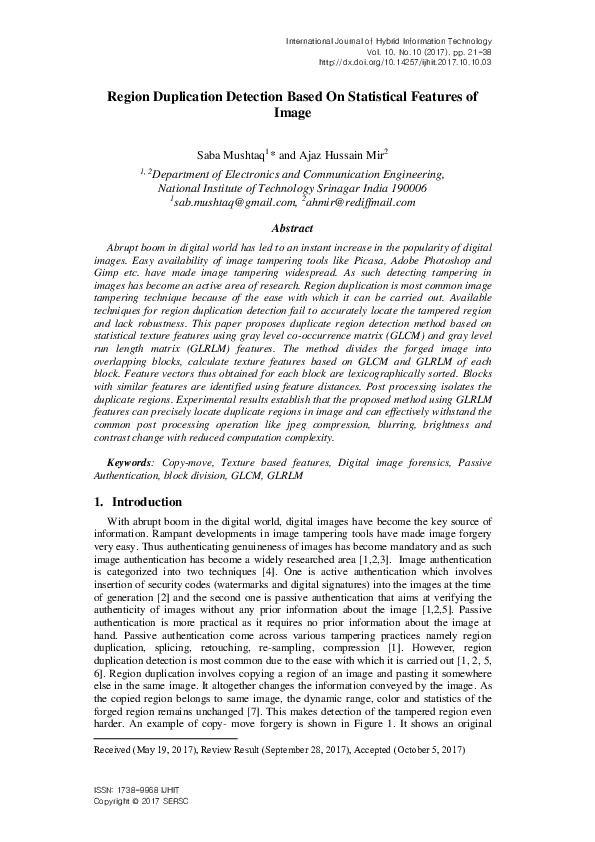 Pdf Region Duplication Detection Based On Statistical Features Of Image