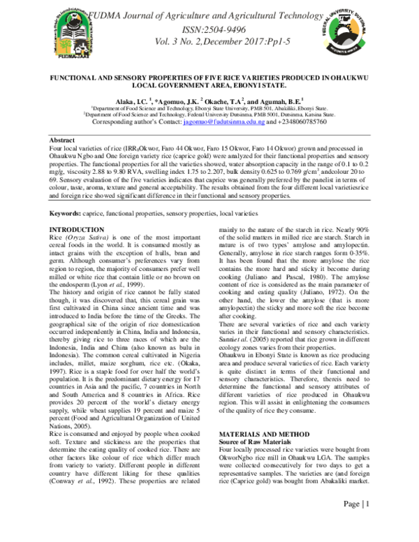 (PDF) Functional and Sensory Properties of Five Rice Varieties Produced ...