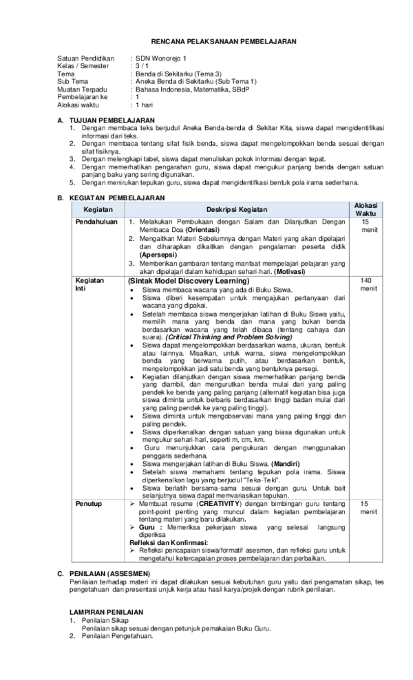 (PDF) Rpp luring kelas 3 tema 3 subtema 1 pembelajaran 1 k