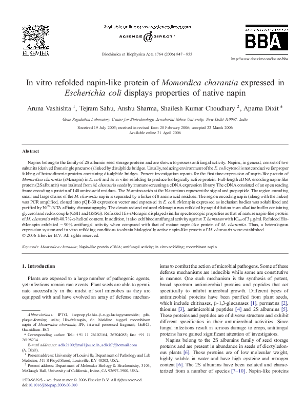 (PDF) In vitro refolded napin-like protein of Momordica charantia ...