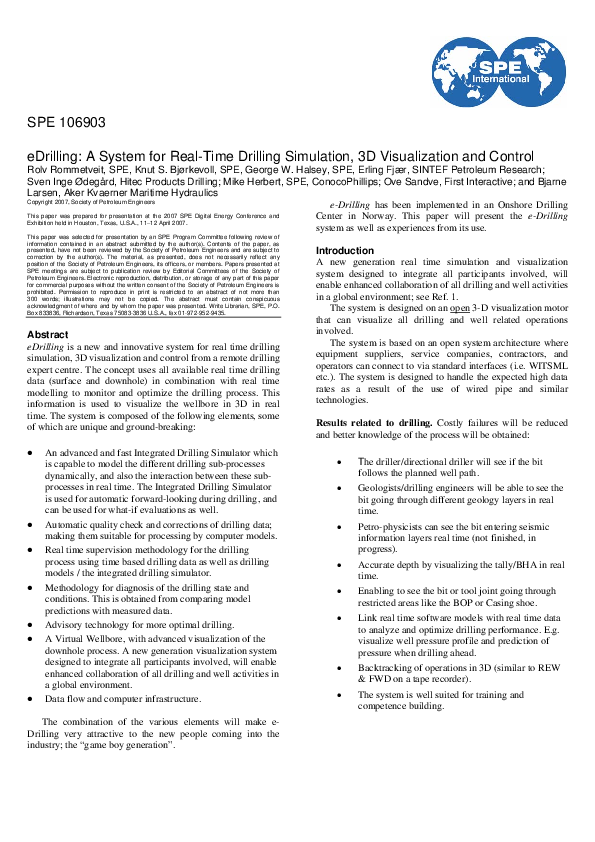 (PDF) e-Drilling: A System for Real-Time Drilling Simulation, 3D Visualization and Control