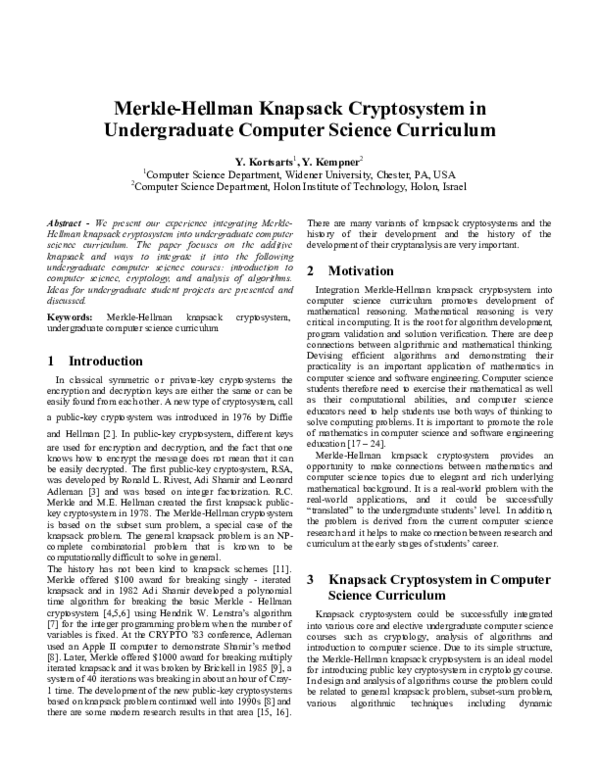(PDF) Merkle-Hellman Knapsack Cryptosystem in Undergraduate Computer Science Curriculum