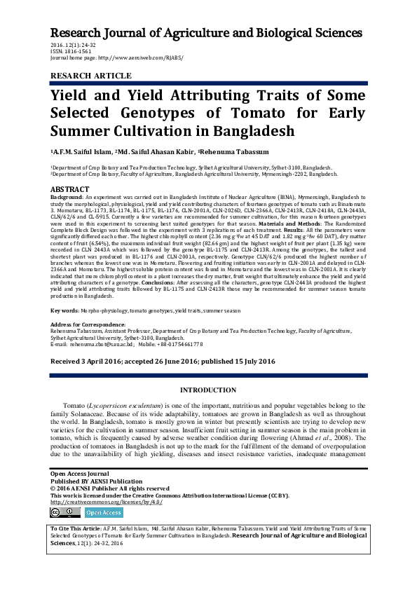 (PDF) Yield and Yield Attributing Traits of Some Selected Genotypes of Tomato for Early Summer ...