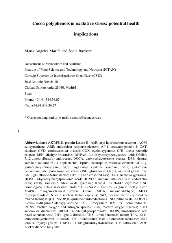 (PDF) Cocoa polyphenols in oxidative stress: Potential health implications