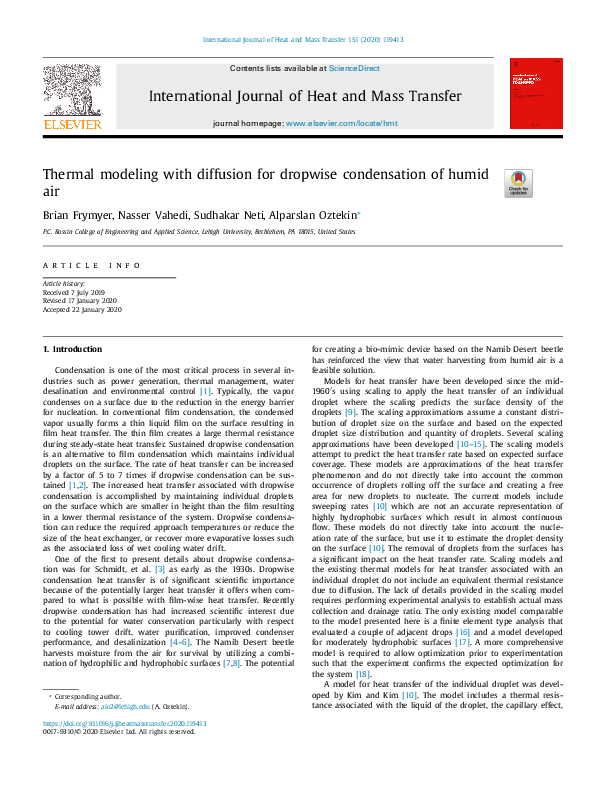 (PDF) Thermal modeling with diffusion for dropwise condensation of humid air