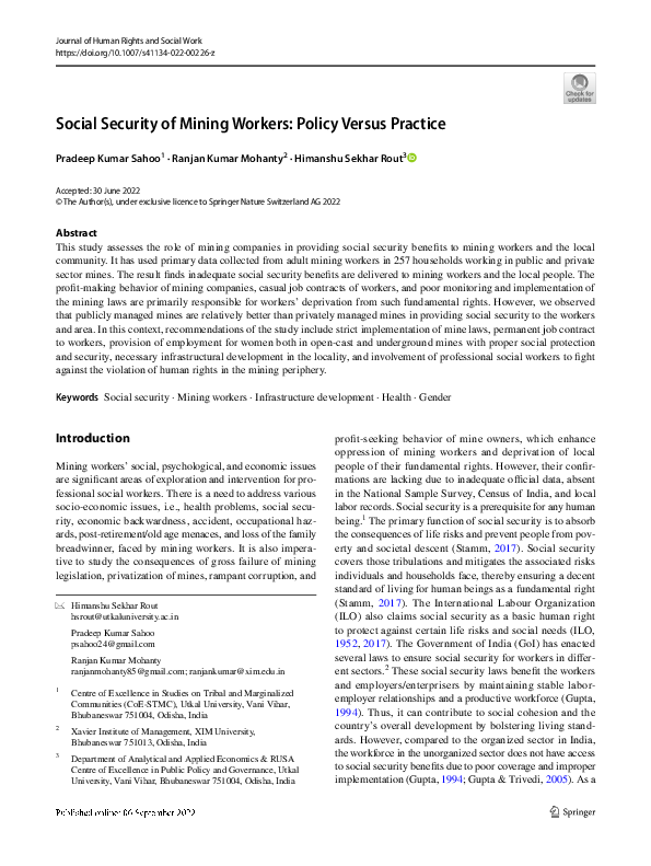 (PDF) Social Security of Mining Workers: Policy Versus Practice