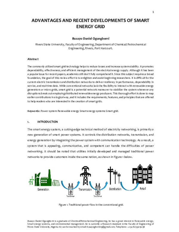 (PDF) ADVANTAGES AND RECENT DEVELOPMENT OF SMART ENERGY GRID