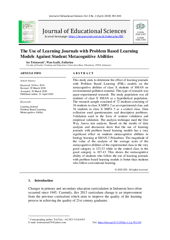 Pdf The Use Of Learning Journals With Problem Based Learning Models