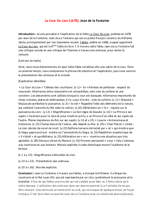 (PDF) La Cour Du Lion, Jean de la Fontaine | Sofian Messadi - Academia.edu