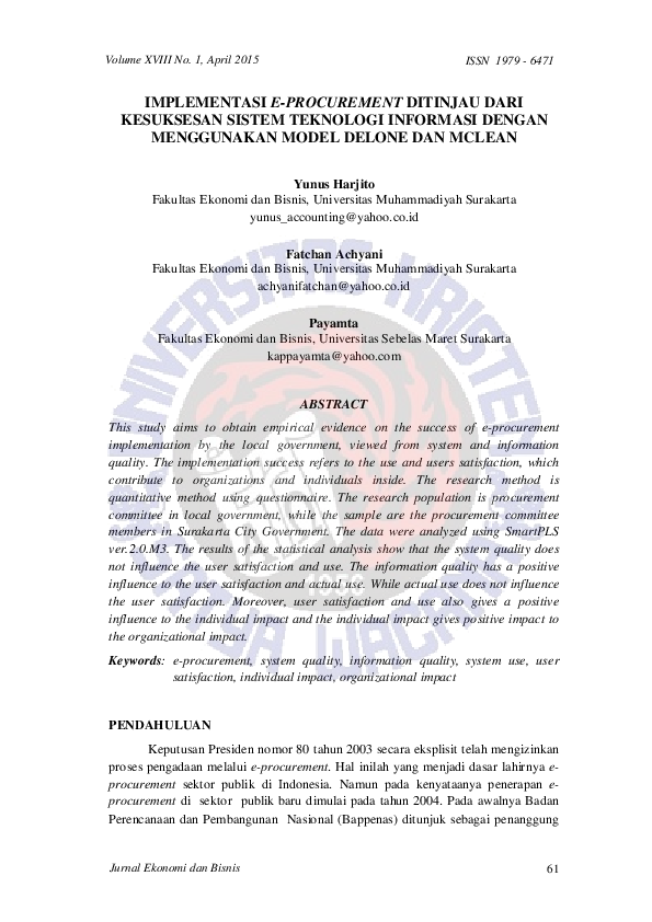(PDF) Implementasi E-Procurement Ditinjau Dari Kesuksesan Sistem Teknologi Informasi Dengan ...