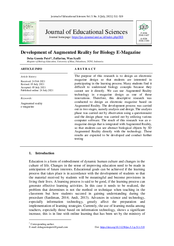 (PDF) Development of Augmented Reality for Biology E-Magazine