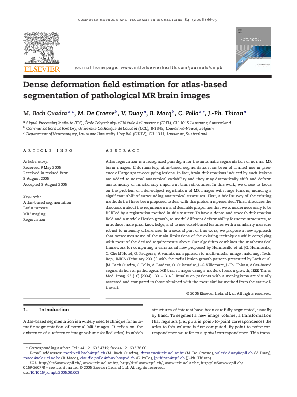 Pdf Dense Deformation Field Estimation For Atlas Based Segmentation Of Pathological Mr Brain