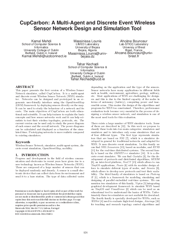 (PDF) CupCarbon: A Multi-Agent and Discrete Event Wireless Sensor Network Design and Simulation Tool