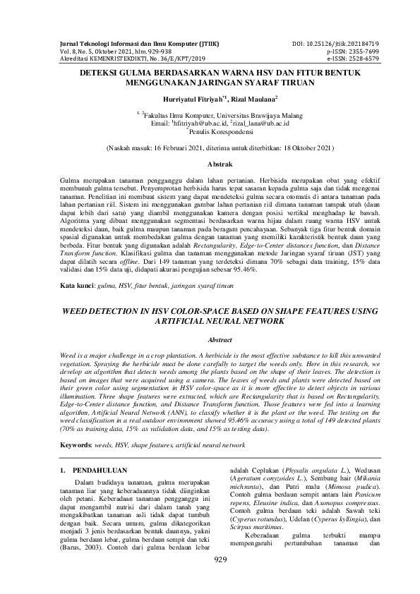 (PDF) Deteksi Gulma Berdasarkan Warna HSV Dan Fitur Bentuk Menggunakan ...