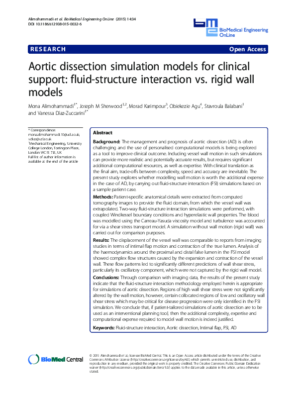 Pdf Aortic Dissection Simulation Models For Clinical Support Fluid Structure Interaction Vs
